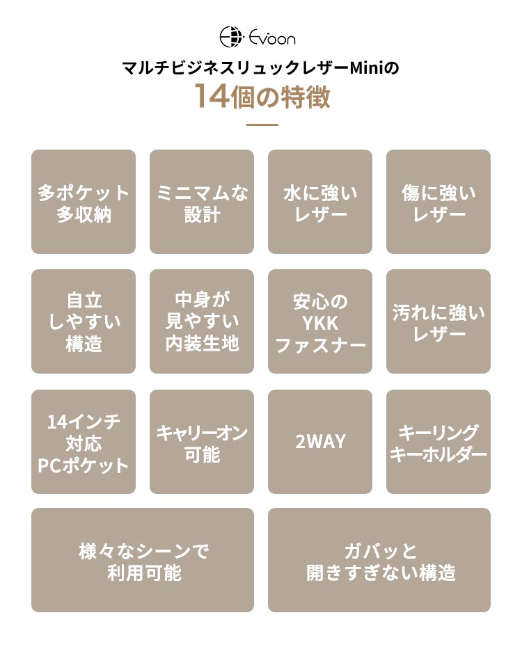 Evoon マルチビジネスリュックレザーMini・容量13L【予約受付中・2月中旬までに入荷予定】